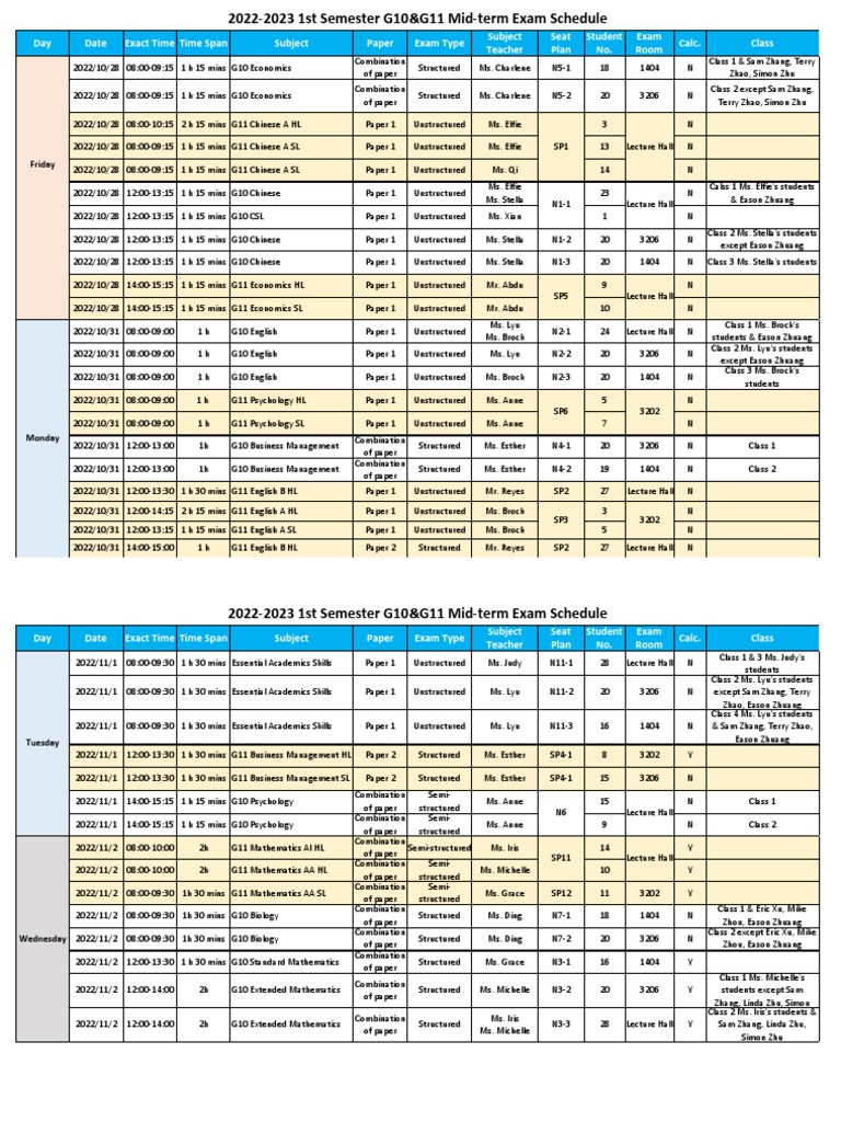 22-23 S1 G11 Midterm Schedule-Student Version | PDF