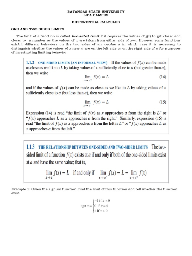 Handout No. 2 One and Two Sided Limits | PDF