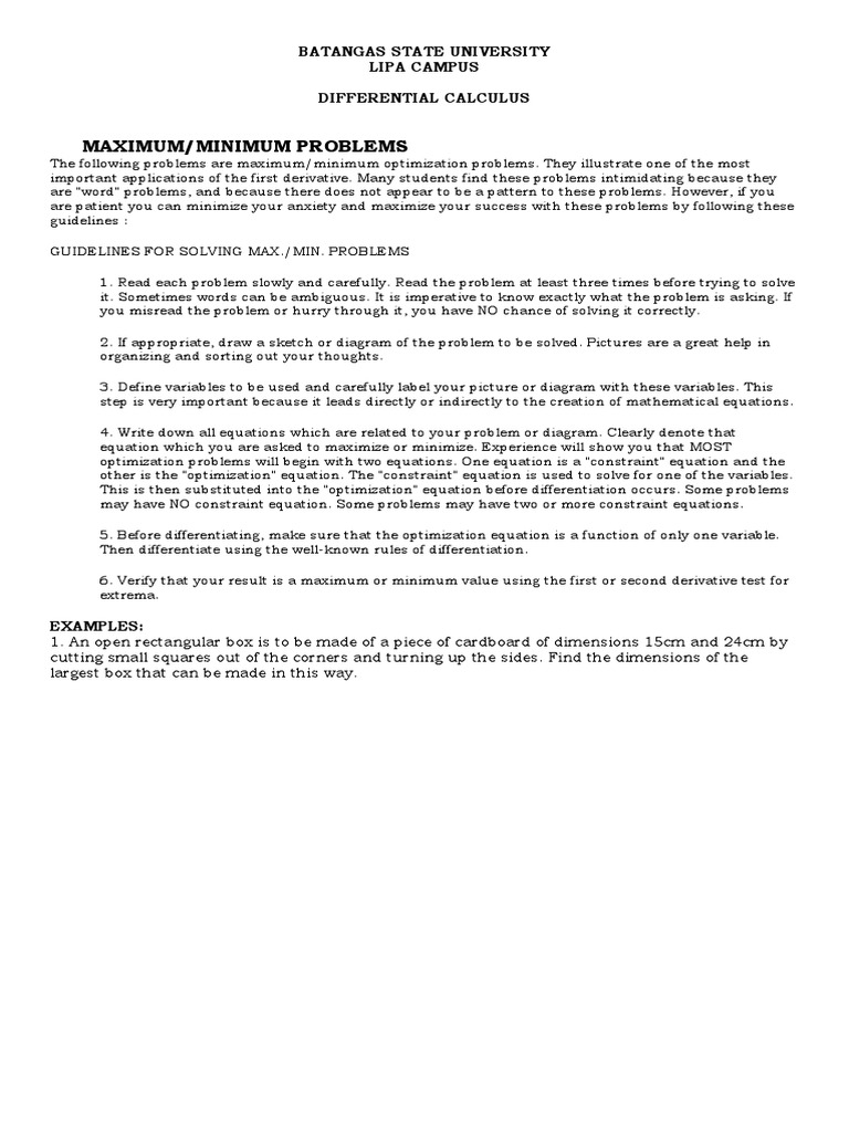 Handout No 5 Maxima And Minima Pdf Maxima And Minima Mathematical Optimization 0547