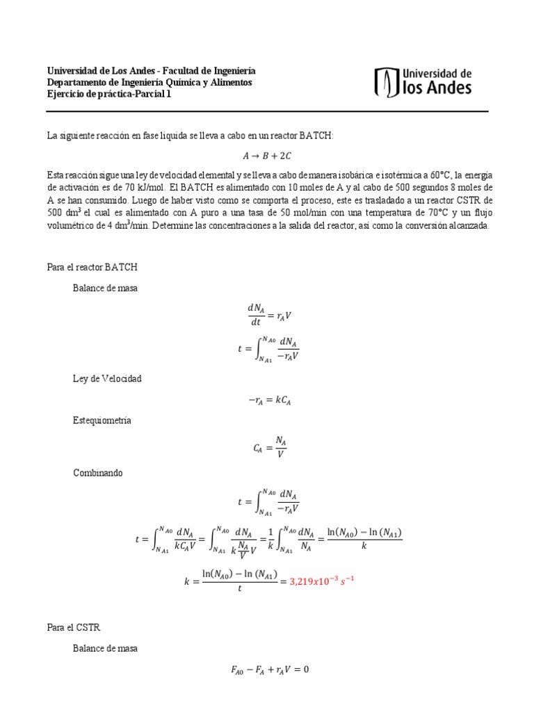 Reacciones Químicas en Reactores BATCH y CSTR | PDF | Reactor Quimico | Química