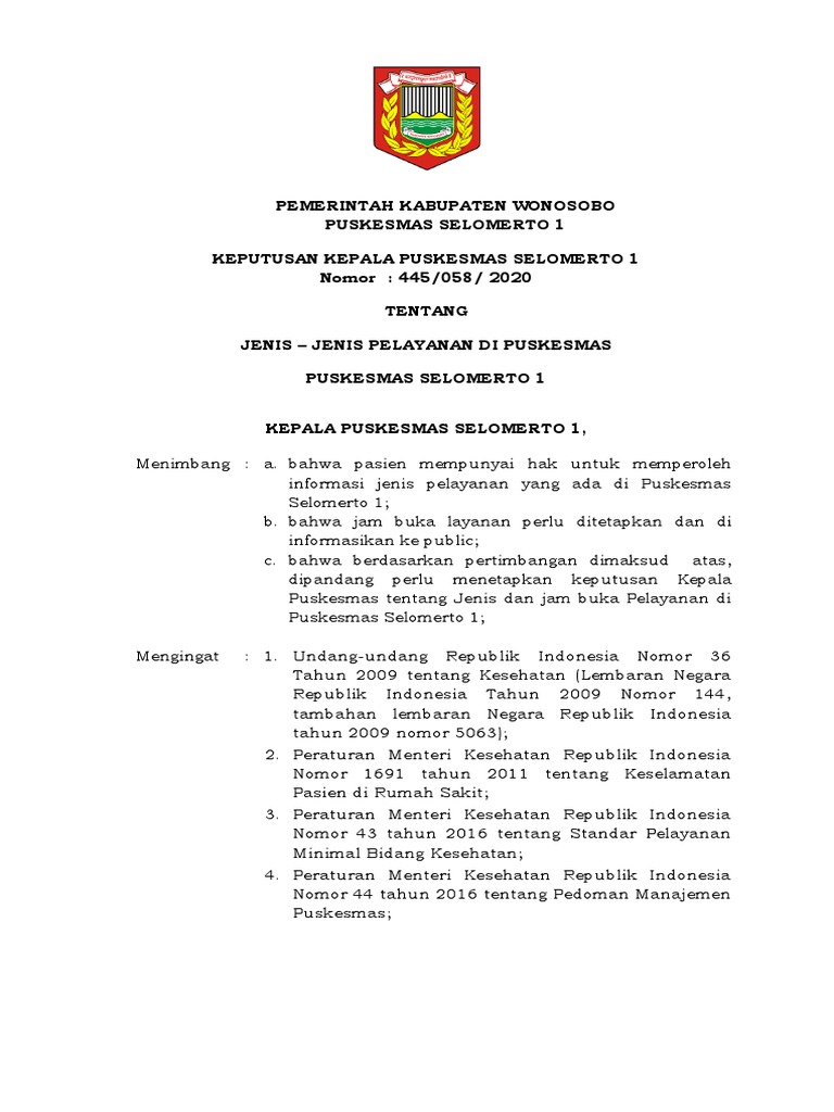 58 SK Jenis - Jenis Pelayanan Di Puskesmas | PDF