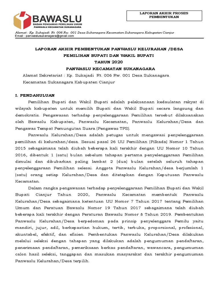 Laporan Akhir Pembentukan Panwaslu Kelurahan/Desa untuk Pemilihan ... Laporan Akhir Pembentukan Panwaslu Kelurahan/Desa untuk Pemilihan ...