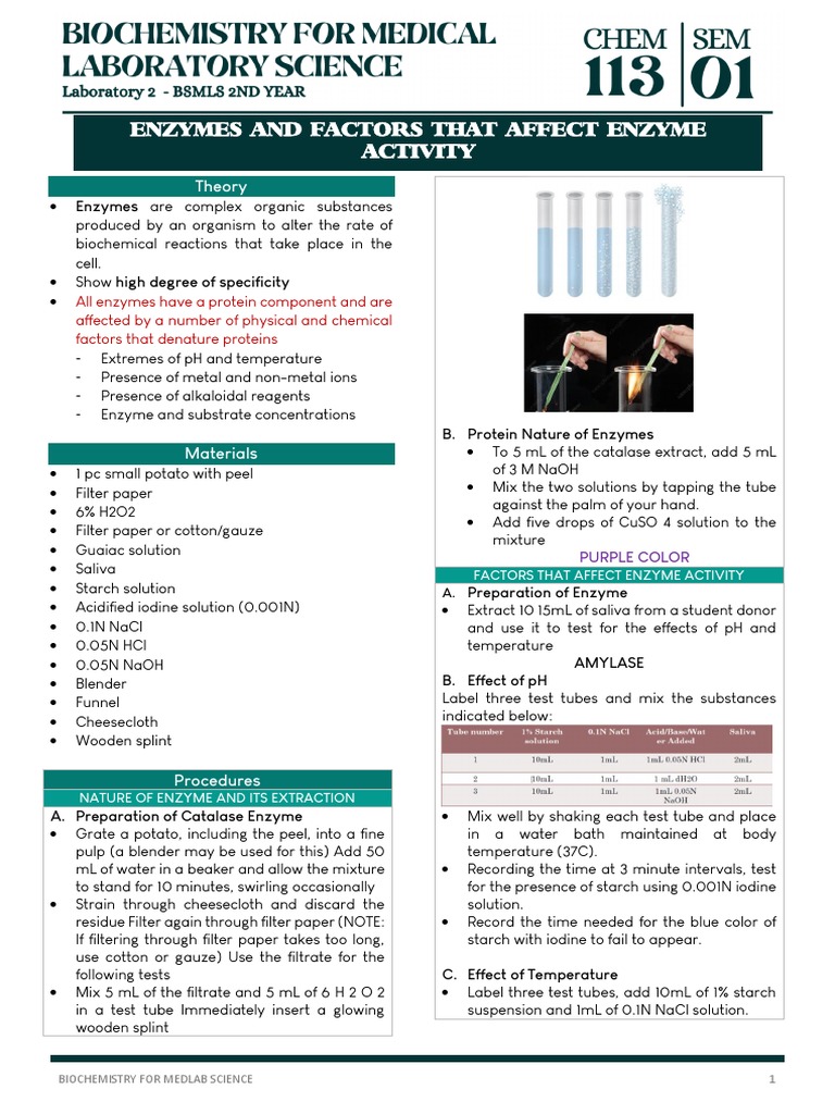 Chem 113 - Week 2 - Lab Enzymes | PDF | Enzyme | Ph