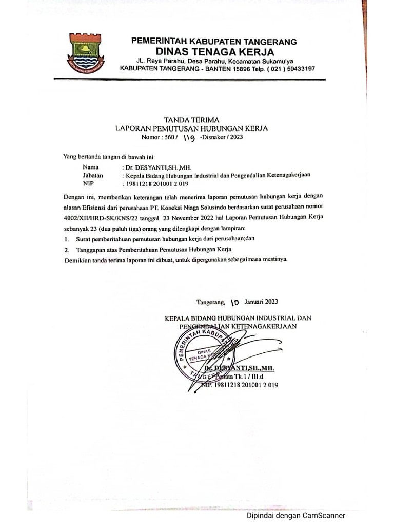 Tanda Terima Laporan PHK - KNS | PDF