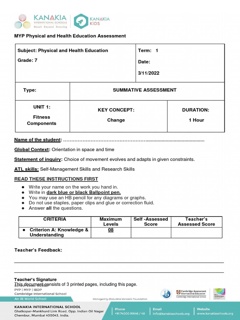 KIS MYP Summative Assessment - Grade 7 C A | PDF | Physical Fitness ...