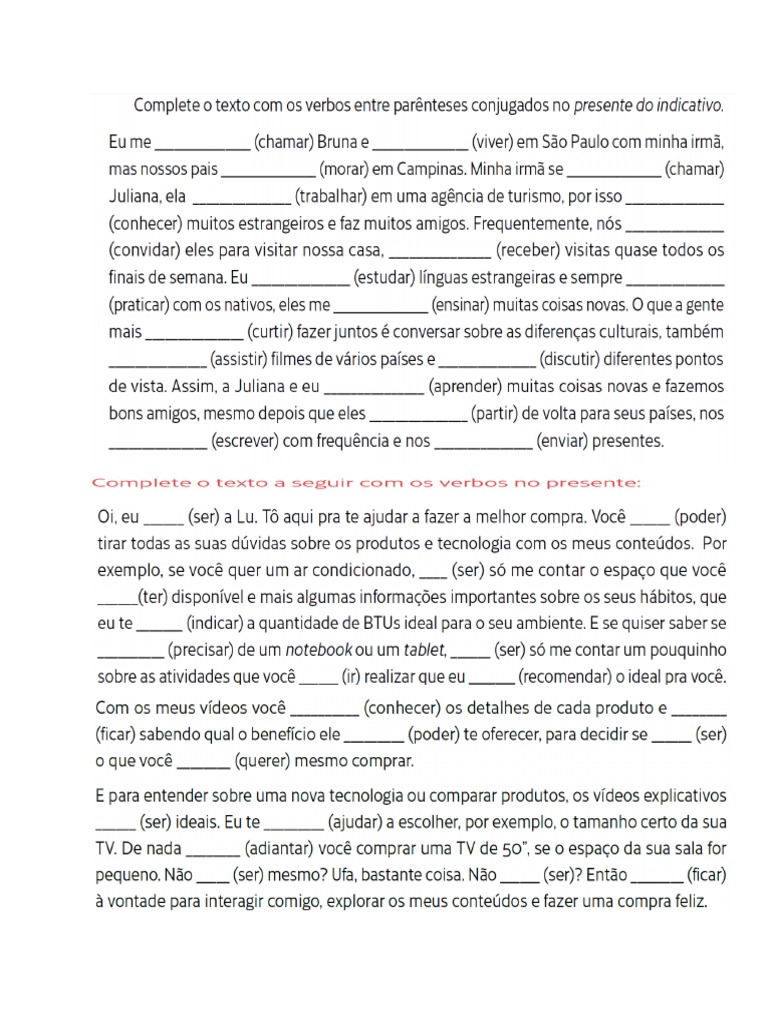 Presente Verbos Regulares e Irregulares - Completar Textos - Tirando de Letra | PDF