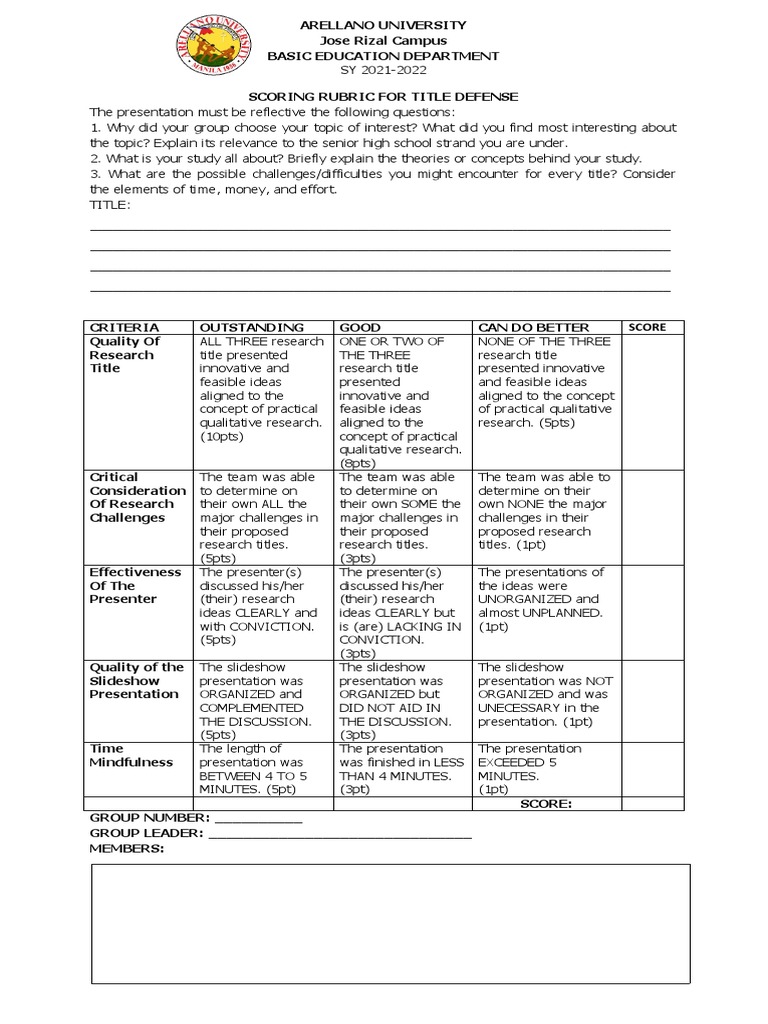 Scoring Rubric For Title Defense | PDF | Psychology | Science