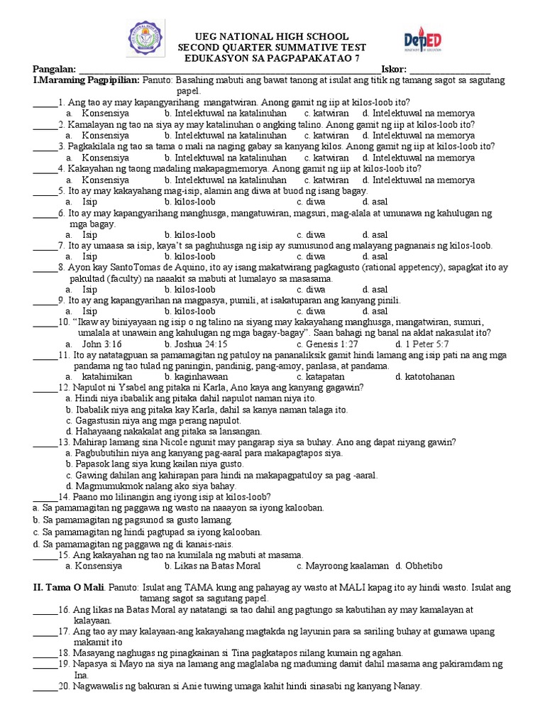 Esp 7 Summative Test | PDF