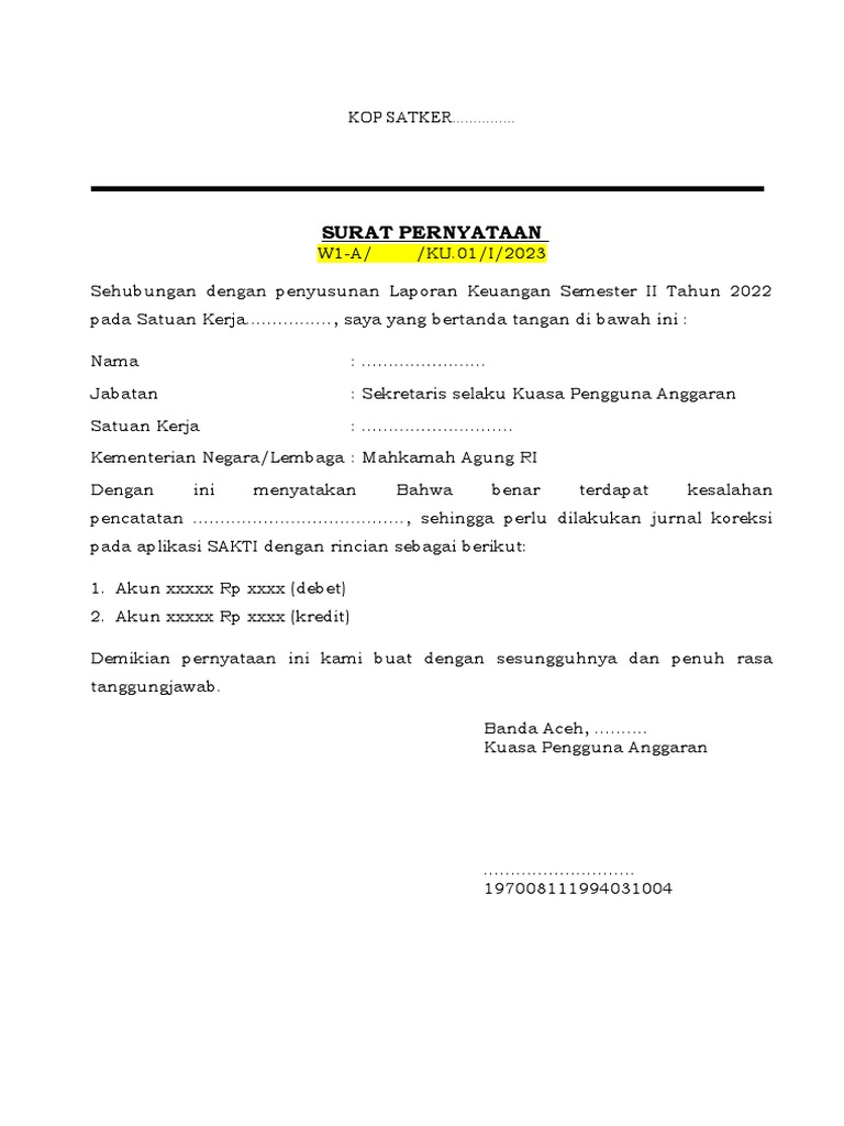 Contoh Surat Pernyataan Kpa Atas Jurnal Koreksi | PDF