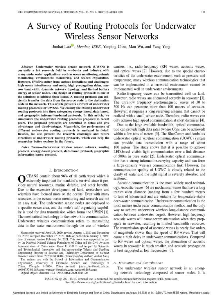 A Survey of Routing Protocols For Underwater Wireless Sensor Networks | PDF | Routing | Computer ...