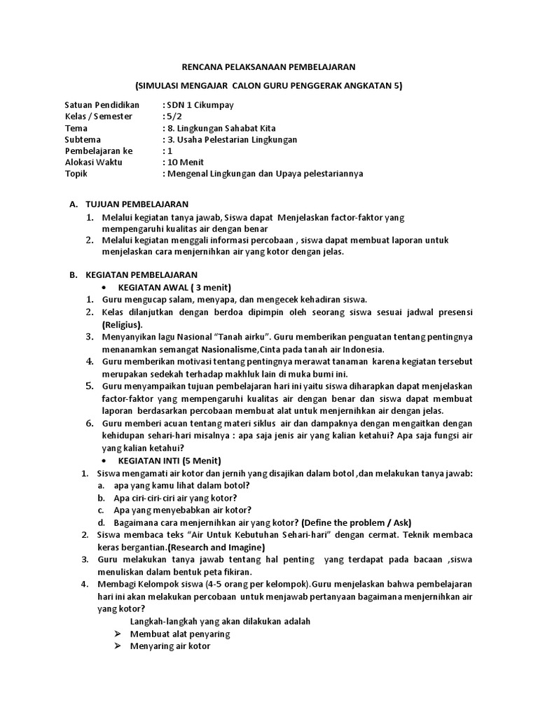RPP Ipa Kelas 5 Stem Alat Penjernih Air | PDF
