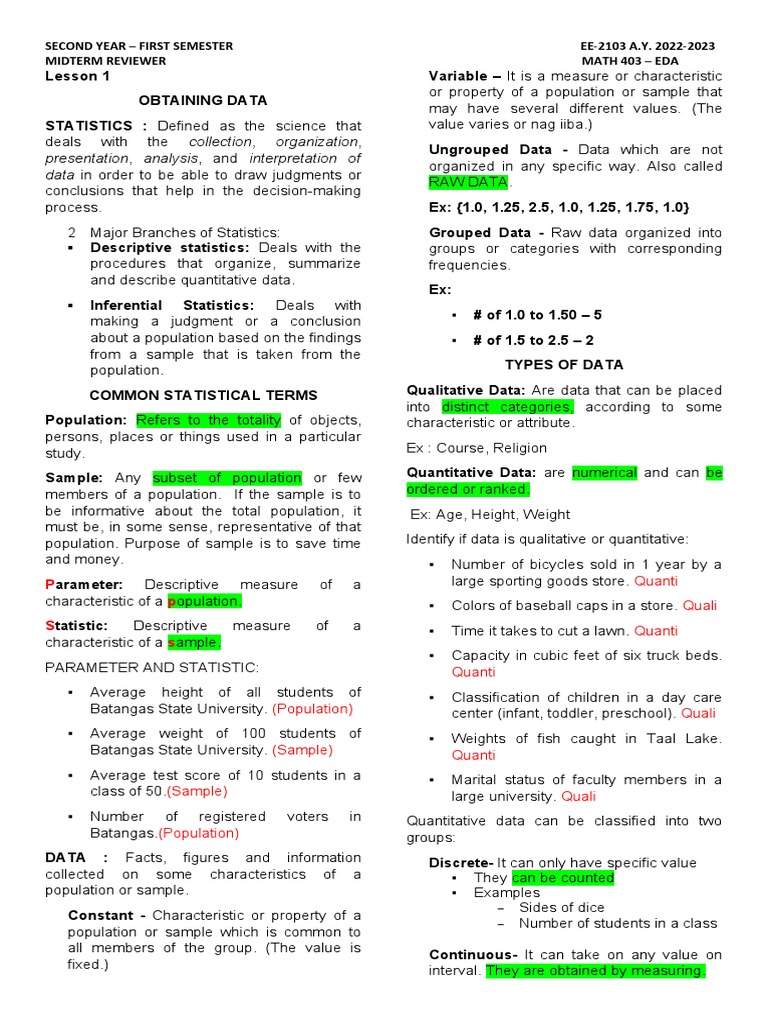 Reviewer in Eda | PDF | Sampling (Statistics) | Probability Distribution