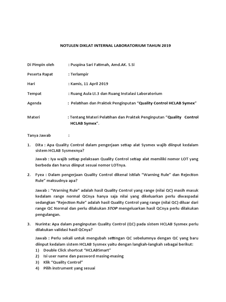 Notulen Diklat Internal Laboratorium | PDF