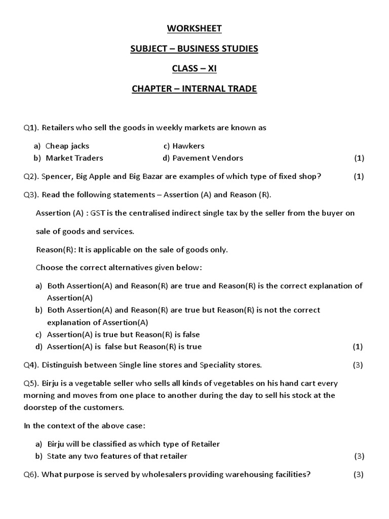 Worksheet CH - Internal Trade | PDF | Retail | Financial Markets