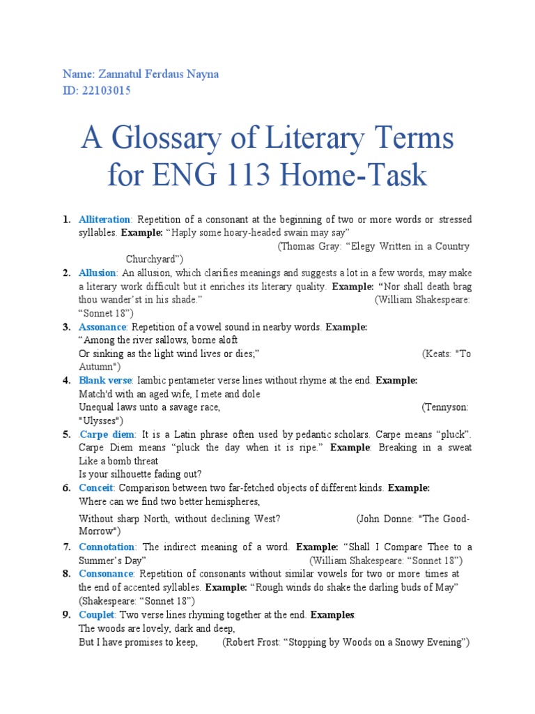 Literary Terms Glossary for ENG 113 | PDF | Poetry | Poetic Devices