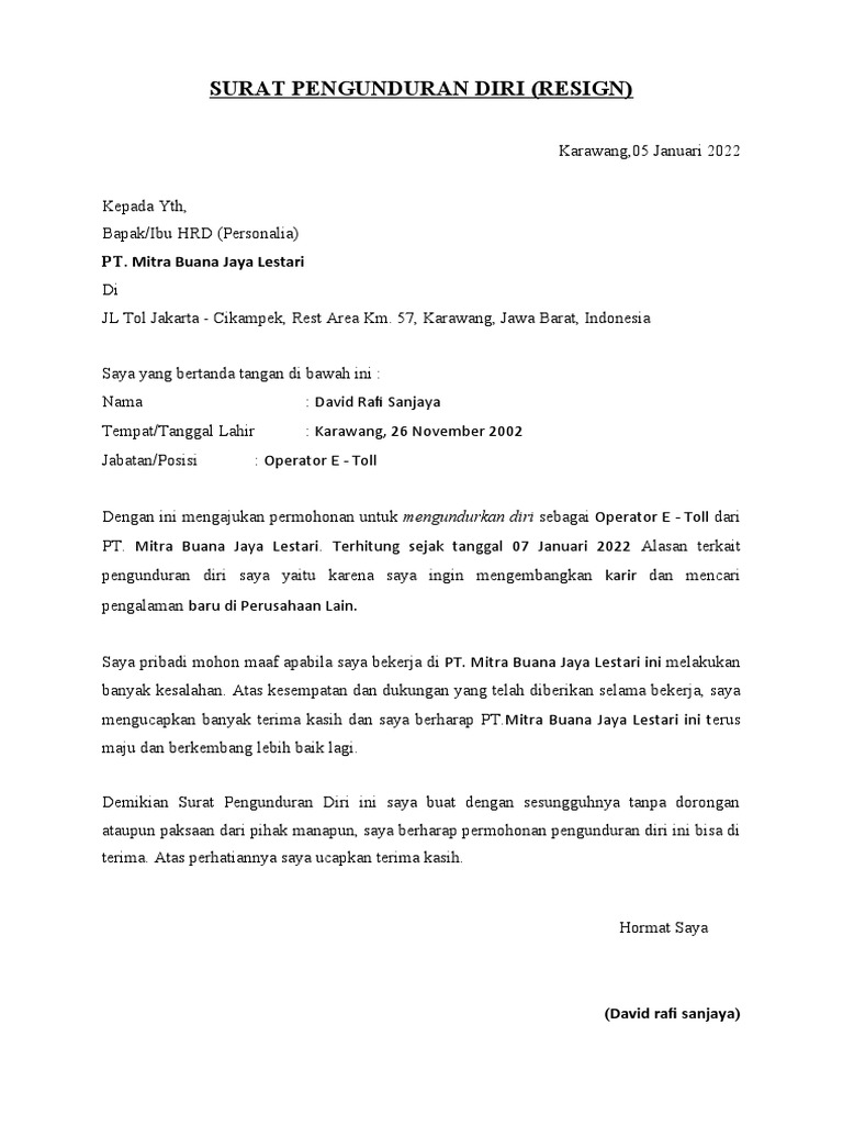 Surat Pengunduran Diri David Rafi Sanjaya | PDF | Karier & Perkembangan