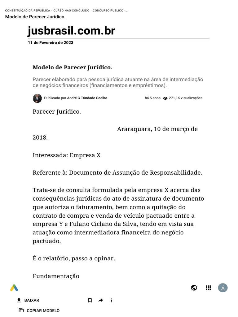 Modelo de Parecer Jurídico. - Jusbrasil | PDF | Crédito | Finanças e ...