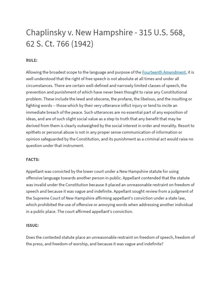 Chaplinsky v. New Hampshire, 315 U.S. 568 (1942) | PDF | Justice | Crime & Violence