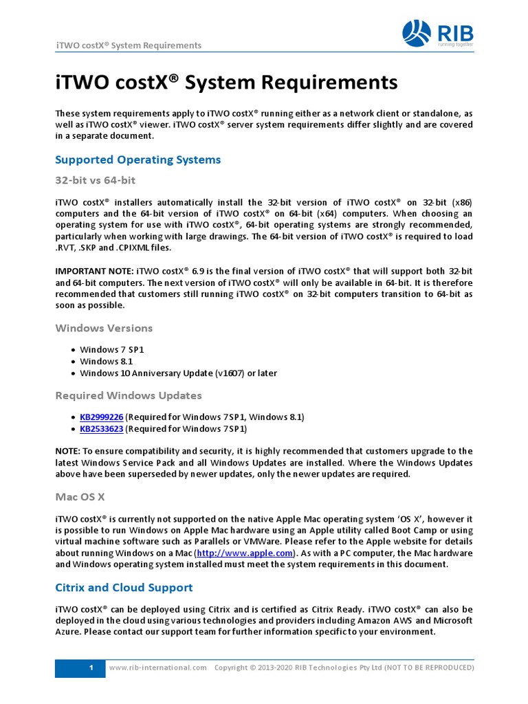 System Requirements (iTWO Costx Client) | PDF | Microsoft Windows | 64 Bit Computing