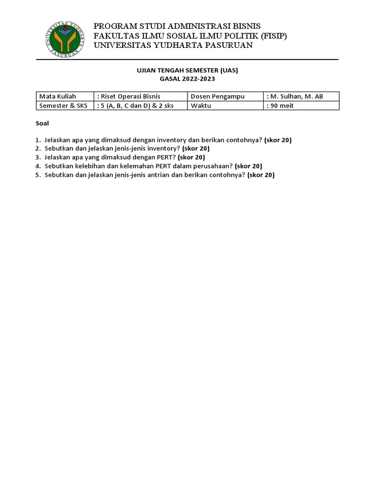 Soal UAS Riset Operasi Bisnis Gasal 2022-2023 | PDF