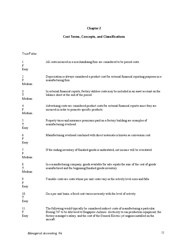 Test Bank - Chapter 2 Cost Concepts | PDF | Cost Of Goods Sold | Inventory