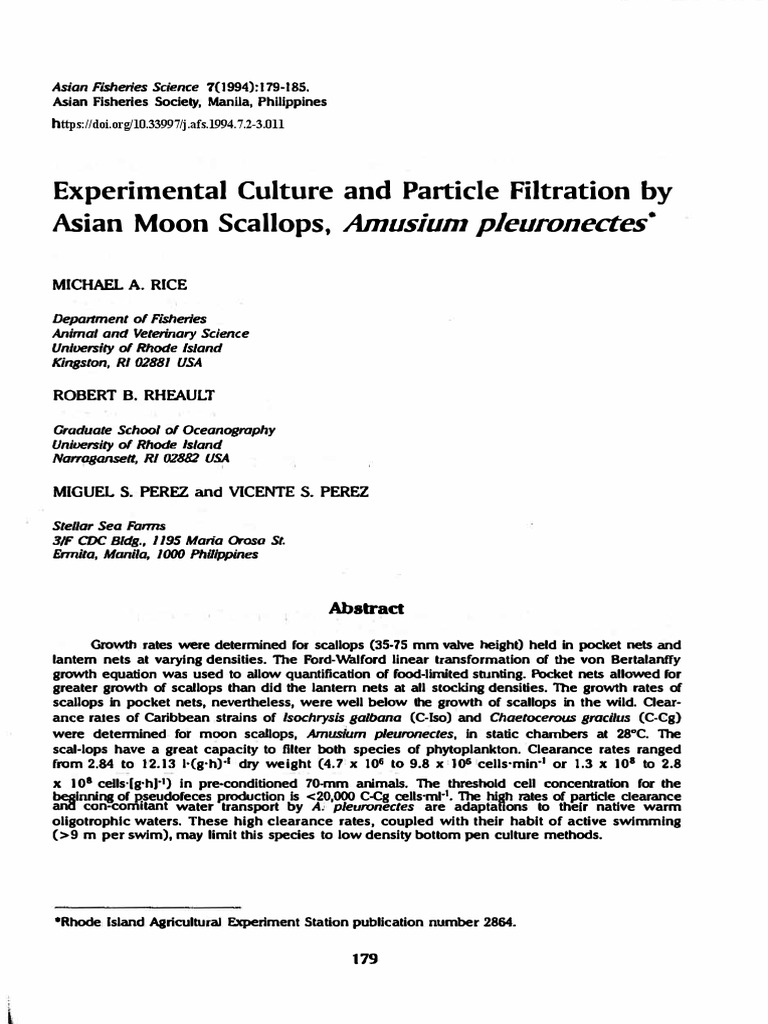 Experimental Culture and Particle Filtration by Asian Moon Scallops ...