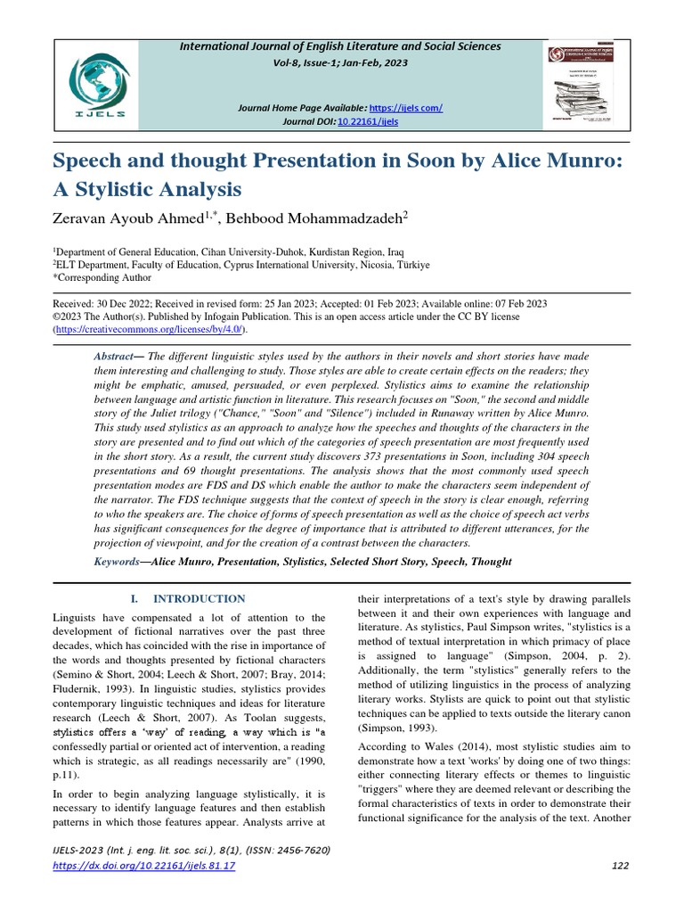 Speech and Thought Presentation in Soon by Alice Munro: A Stylistic Analysis | PDF | Narration ...
