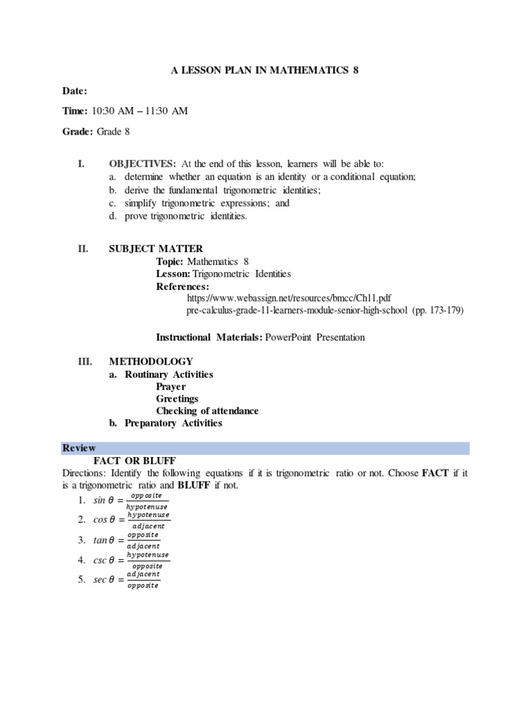 TrigonometricIdentities - Grade 8 - LP - Benitez | PDF | Trigonometric ...