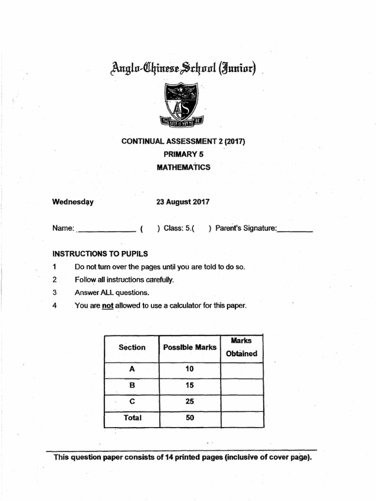 P5 Maths CA2 2017 ACS Exam Papers | PDF