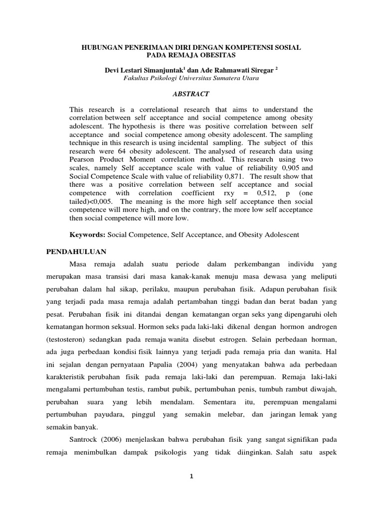 Hubungan Penerimaan Diri Dengan Kompetensi Sosial Pada Remaja Obesitas - Insight Februari 2011 ...