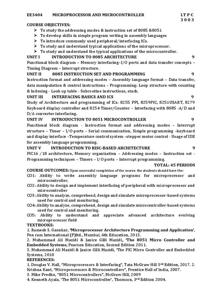 Course Objectives and Outline for EE3404 Microprocessor and Microcontroller | PDF ...