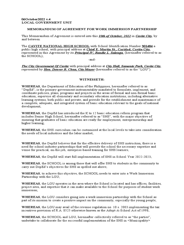 Work Immersion MOA | PDF | Employment | Schools