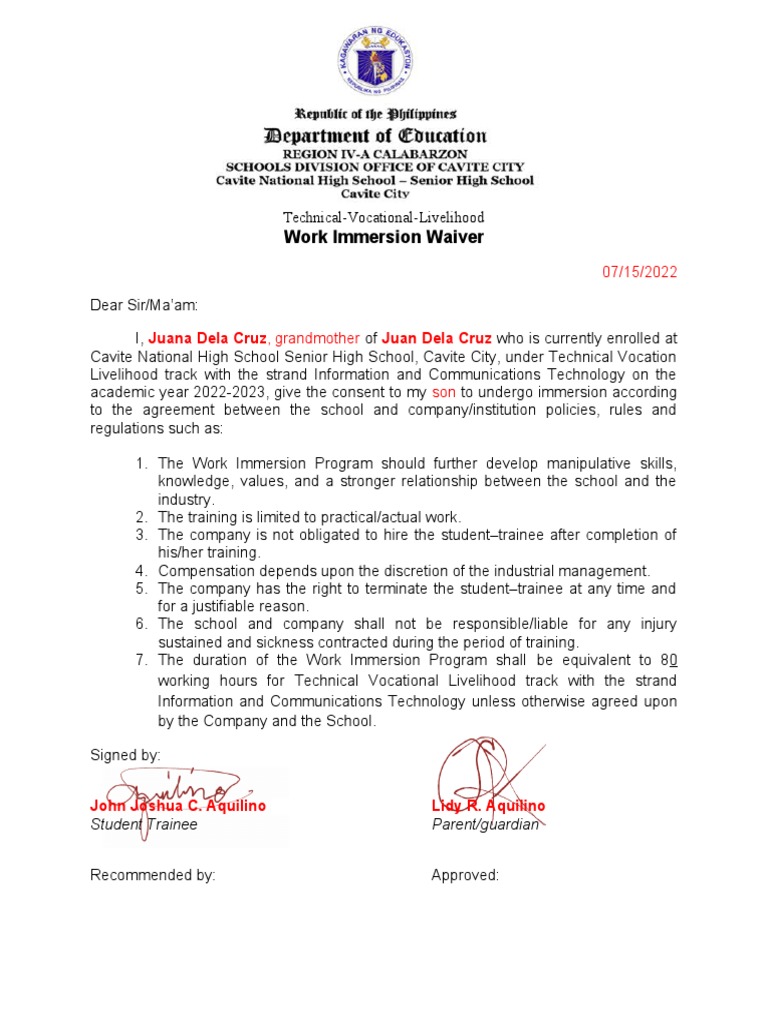 Work Immersion Waiver for TVL Students | PDF | Career & Growth ...