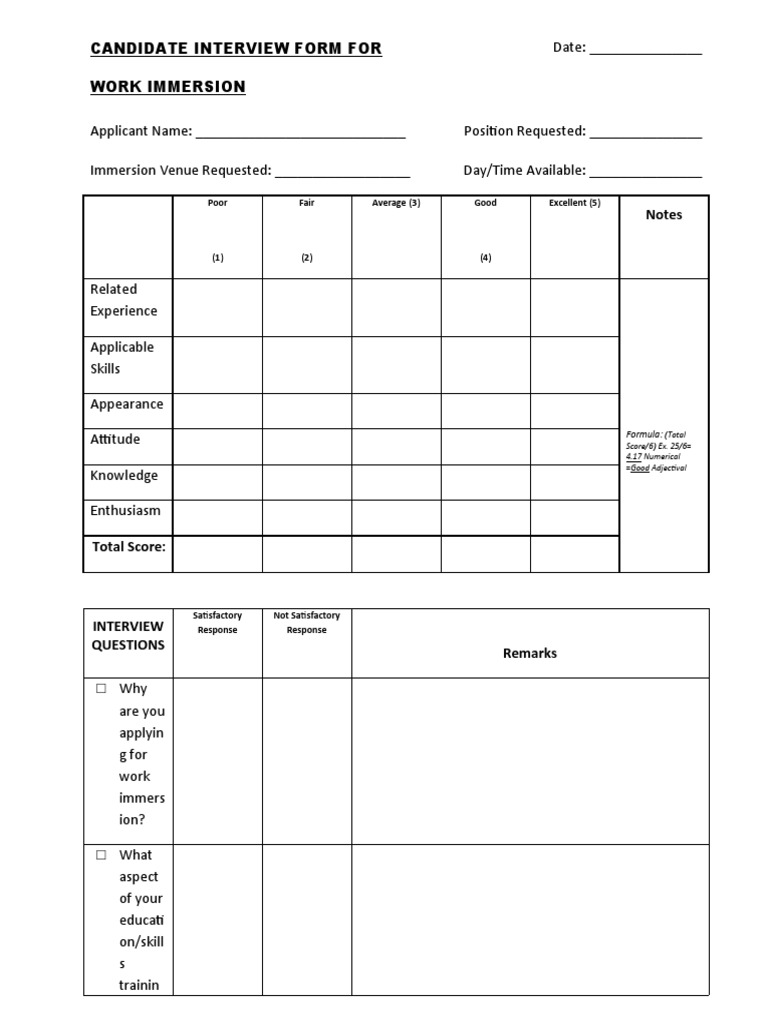 Candidate Interview Form For Work Immersion | PDF | Cognition ...