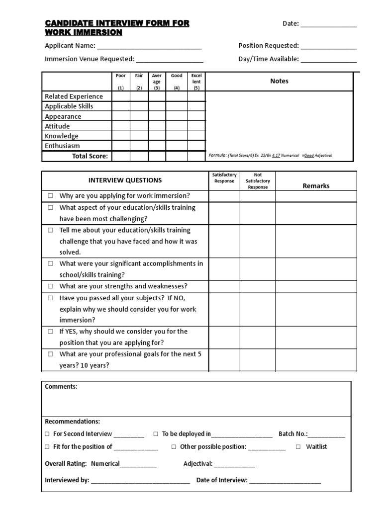 Candidate Interview Form For Work Immersion | PDF | Cognition | Cognitive Science