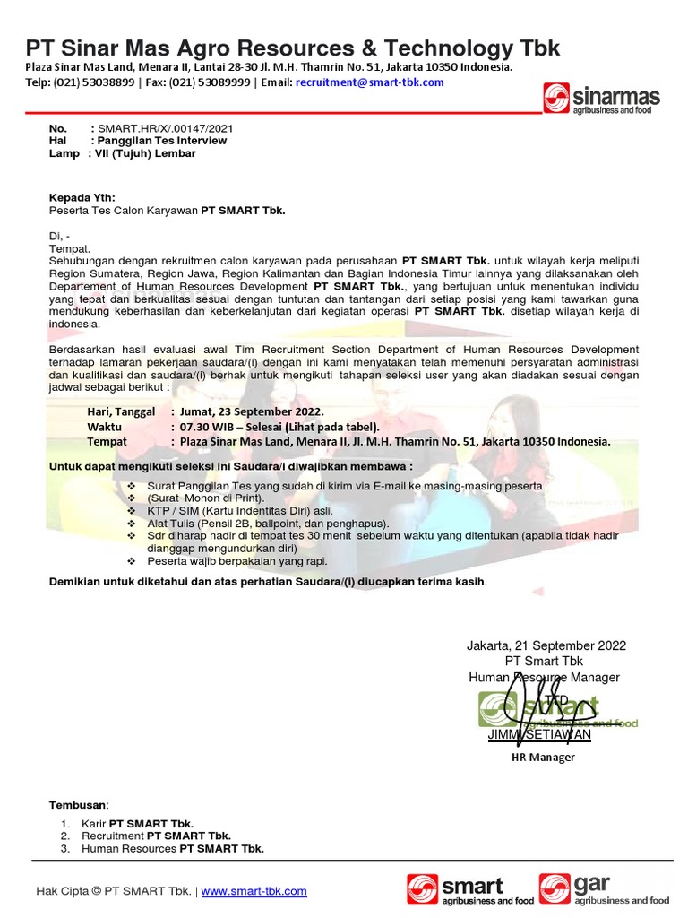 Undangan Interview PT Sinar Mas Agro Resources - Technology TBK (PT SMART TBK) | PDF