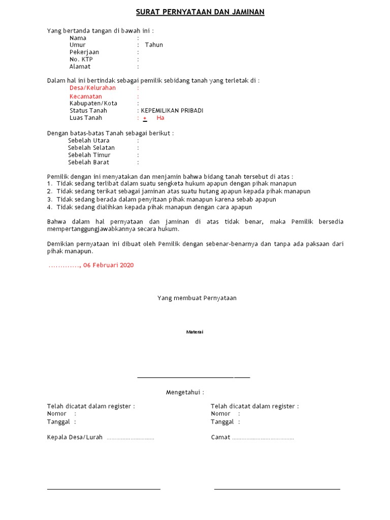 Format Surat Pernyataan & Jaminan A.N | PDF