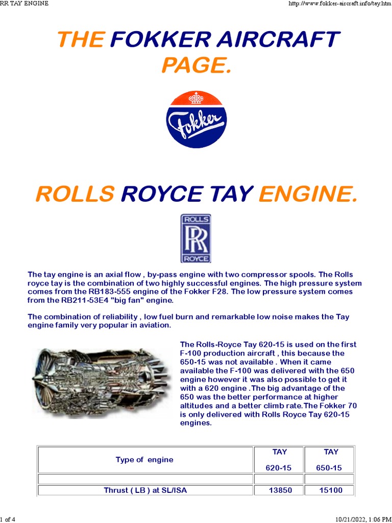 RR TAY ENGINE Fokker 70 | PDF | Energy Technology | Gas Technologies