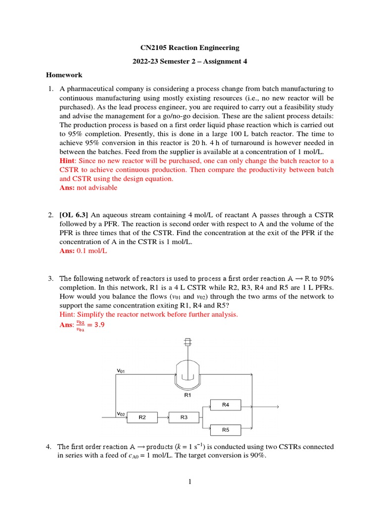 Assignment 4 | PDF | Chemical Reactor | Unit Processes
