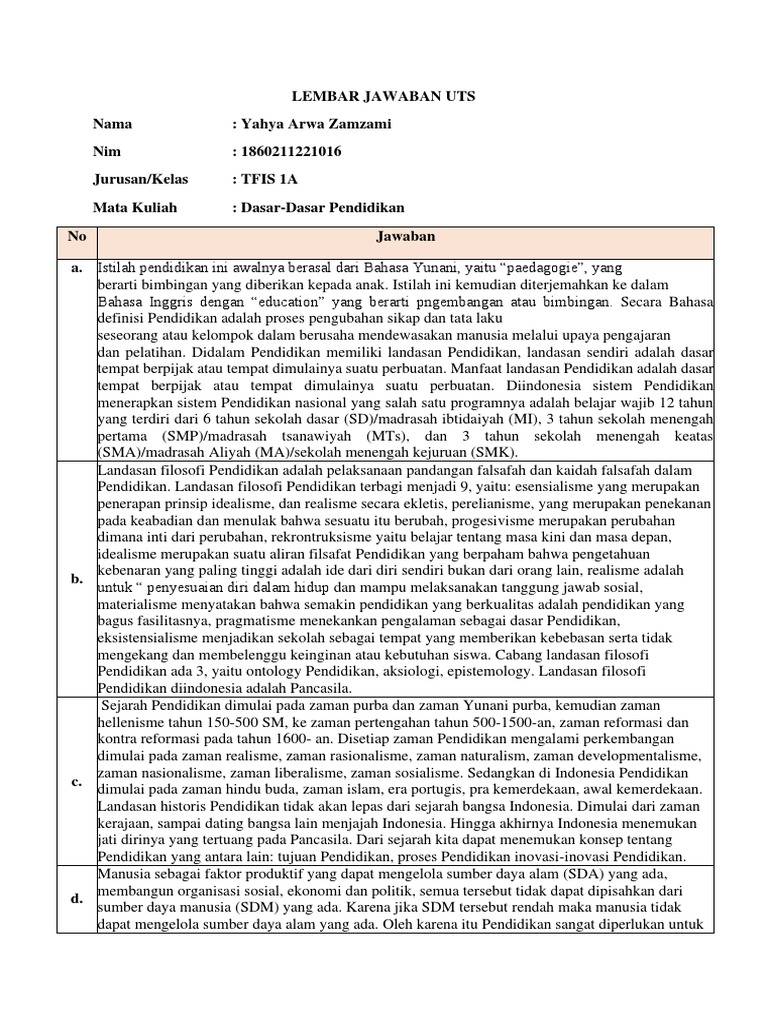 Uts Yahya Dasar Pendidikan | PDF