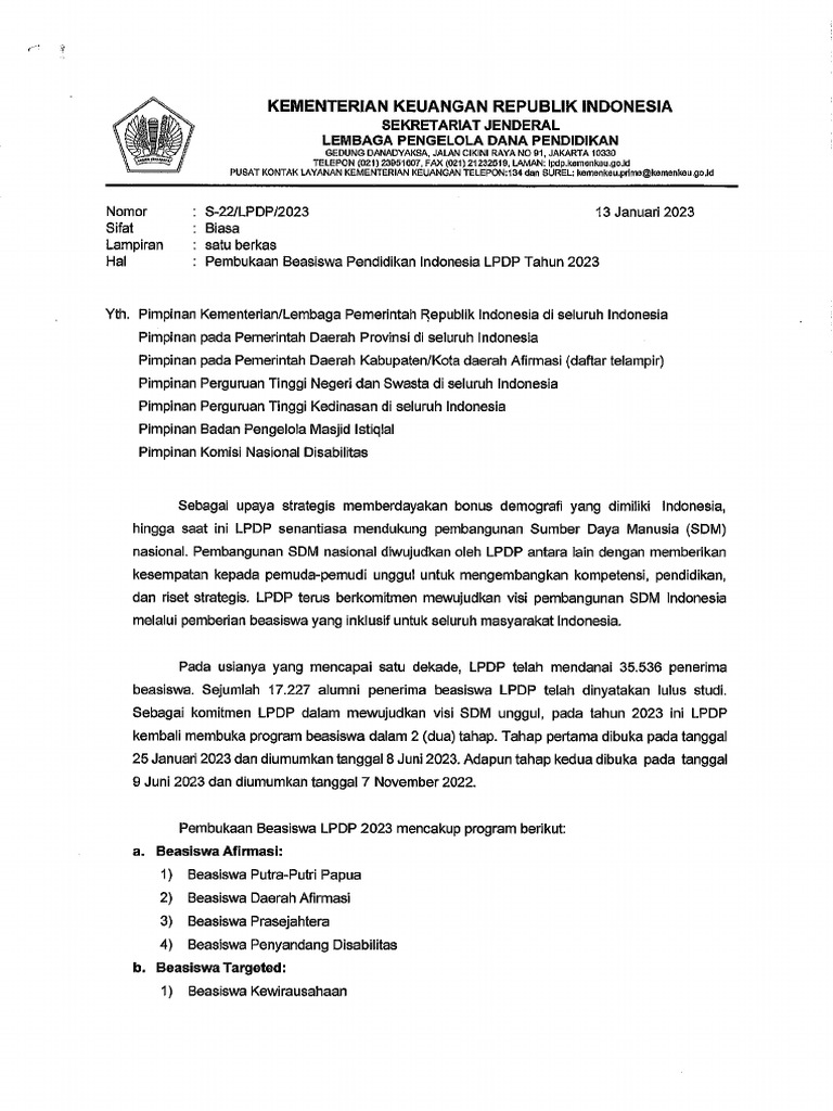 Pembukaan Beasiswa Pendidikan Indonesia LPDP Tahun 2023 | PDF