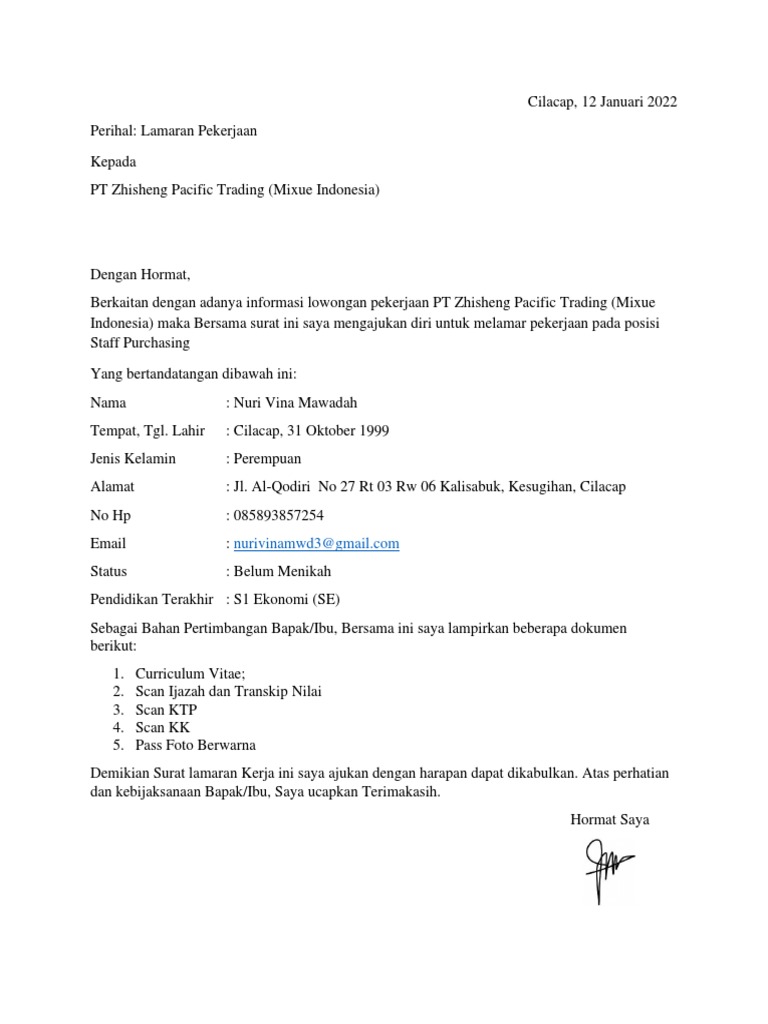 Surat Lamaran Kerja Mixue | PDF