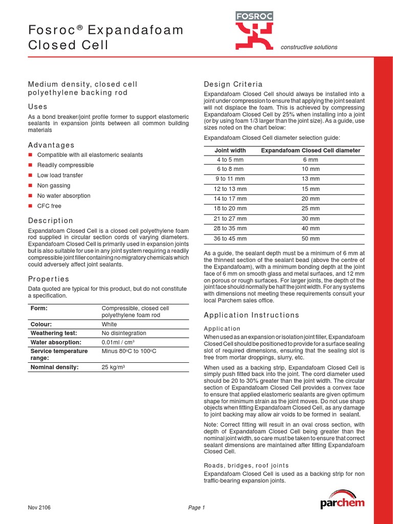 Fosroc Expandafoam Closed Cell TDS | PDF | Physical Sciences | Building ...