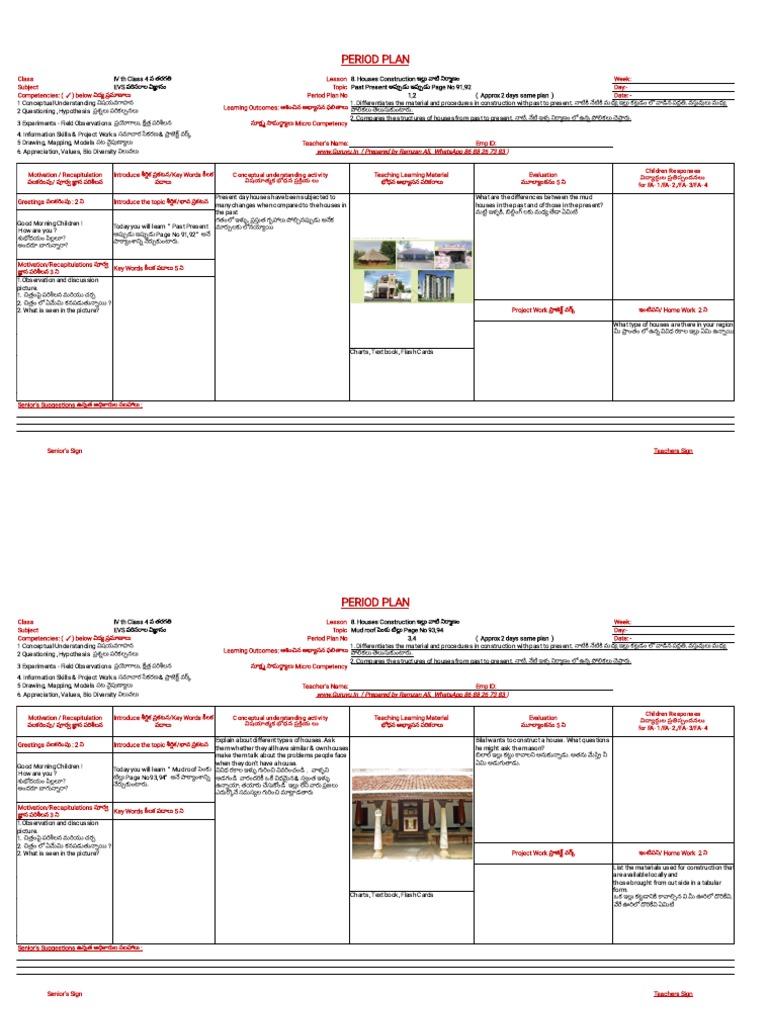 Guruvu in PERIOD PLANS EVS 4 TH 8. House Construction | PDF