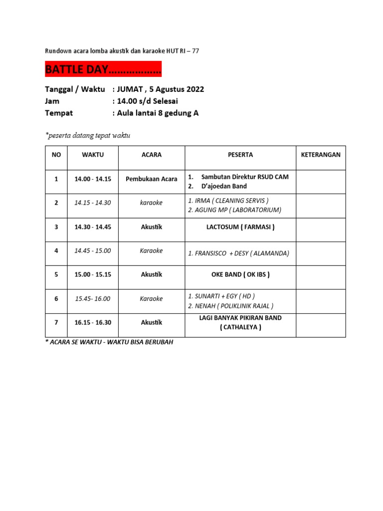 Rundown Acara Lomba Akustik Dan Karaoke BATTLE DAY | PDF