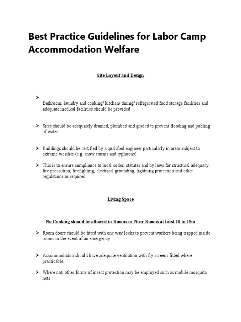 Best Practice Guidelines For Labor Camp Accommodation Welfare Pdf