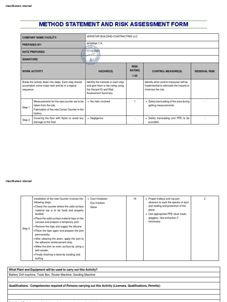 MSRA Form - Corian Counter | PDF | Personal Protective Equipment | Safety