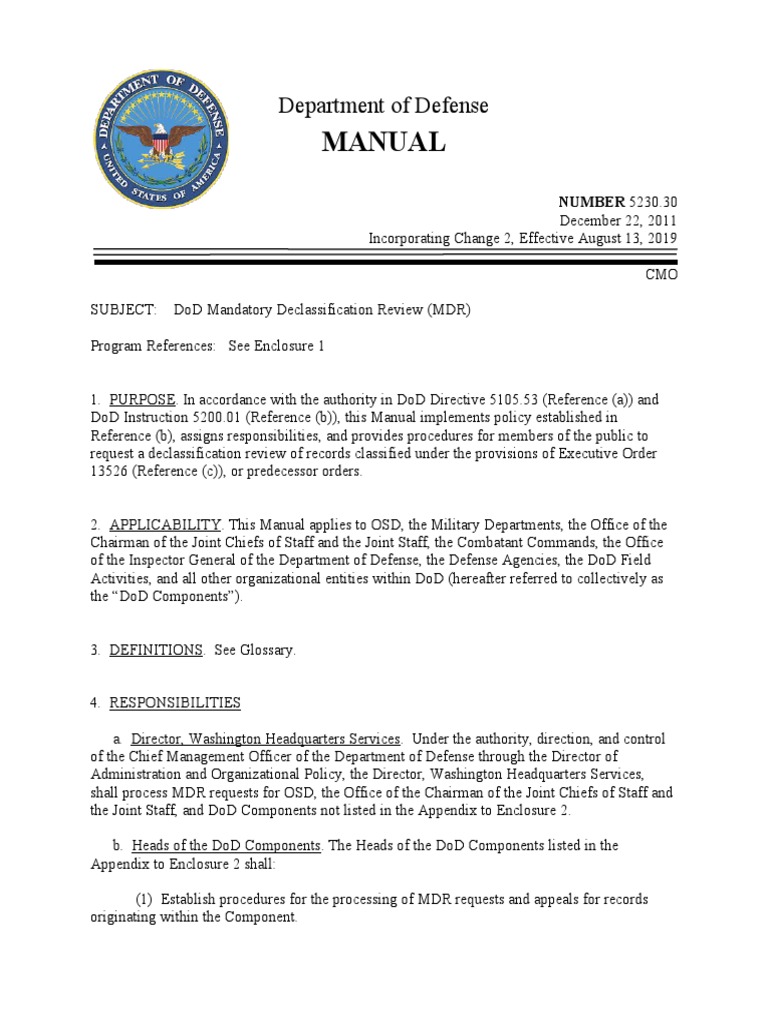 DoD 5230.30-M - DoD Mandatory Declassification Review (MDR) Program ...