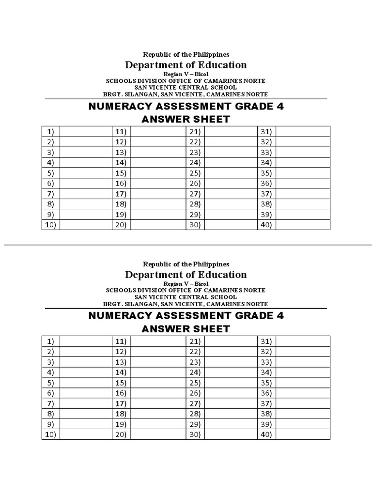 Grade 1-6 numeracy assessment answer sheets | PDF | Philippines