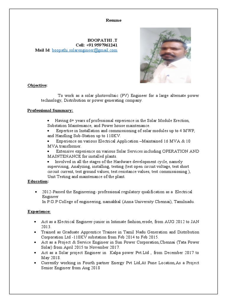 Solar Engineer Resume Boopathi | PDF | Solar Power | Photovoltaics